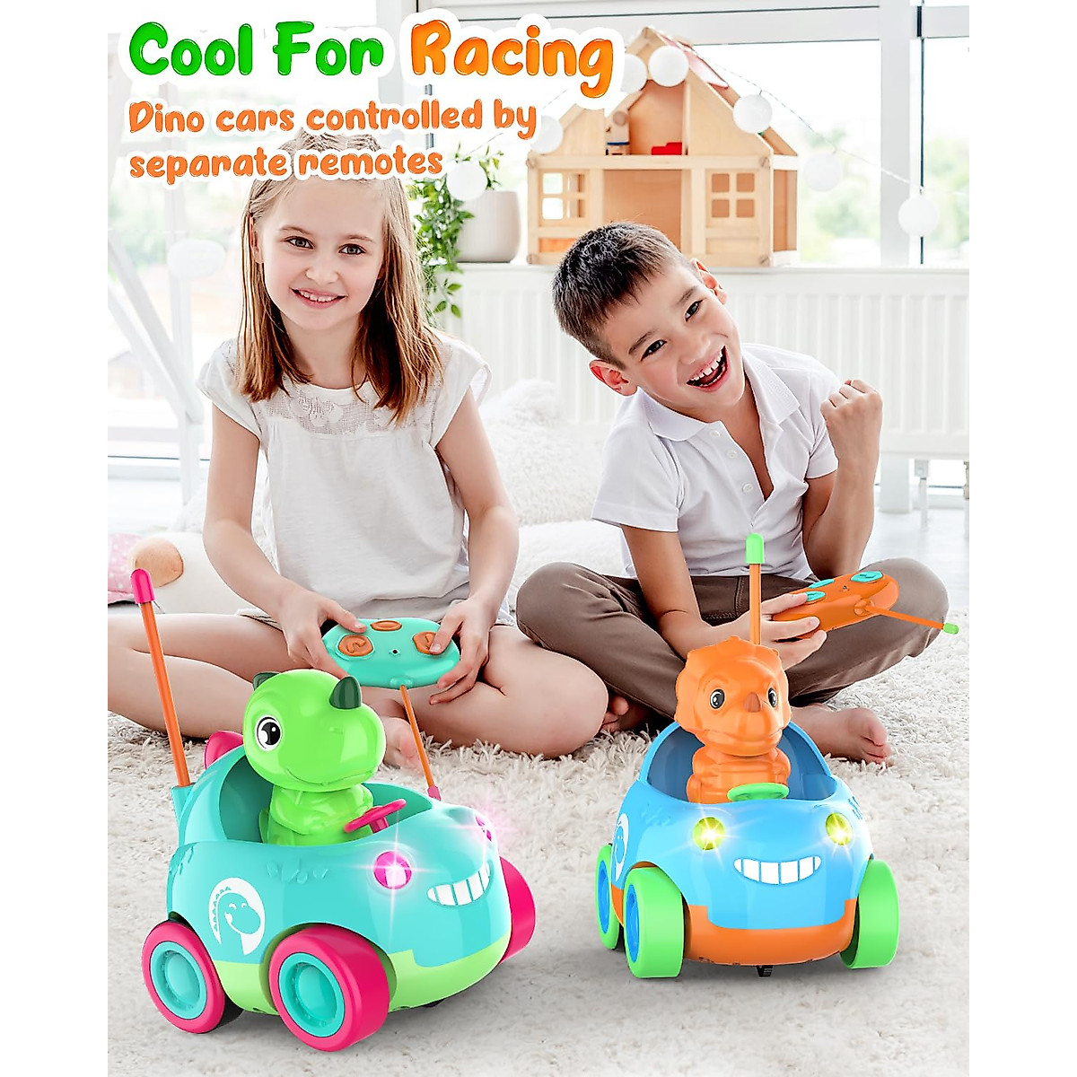 Qumcou Toddler Remote Control Car, Two Cartoon RC Cars for Toddlers, Dinosaur Toys for Kids 3-5, Birthday Gift for Boys & Girls, Car Toys with LED Lights & Music