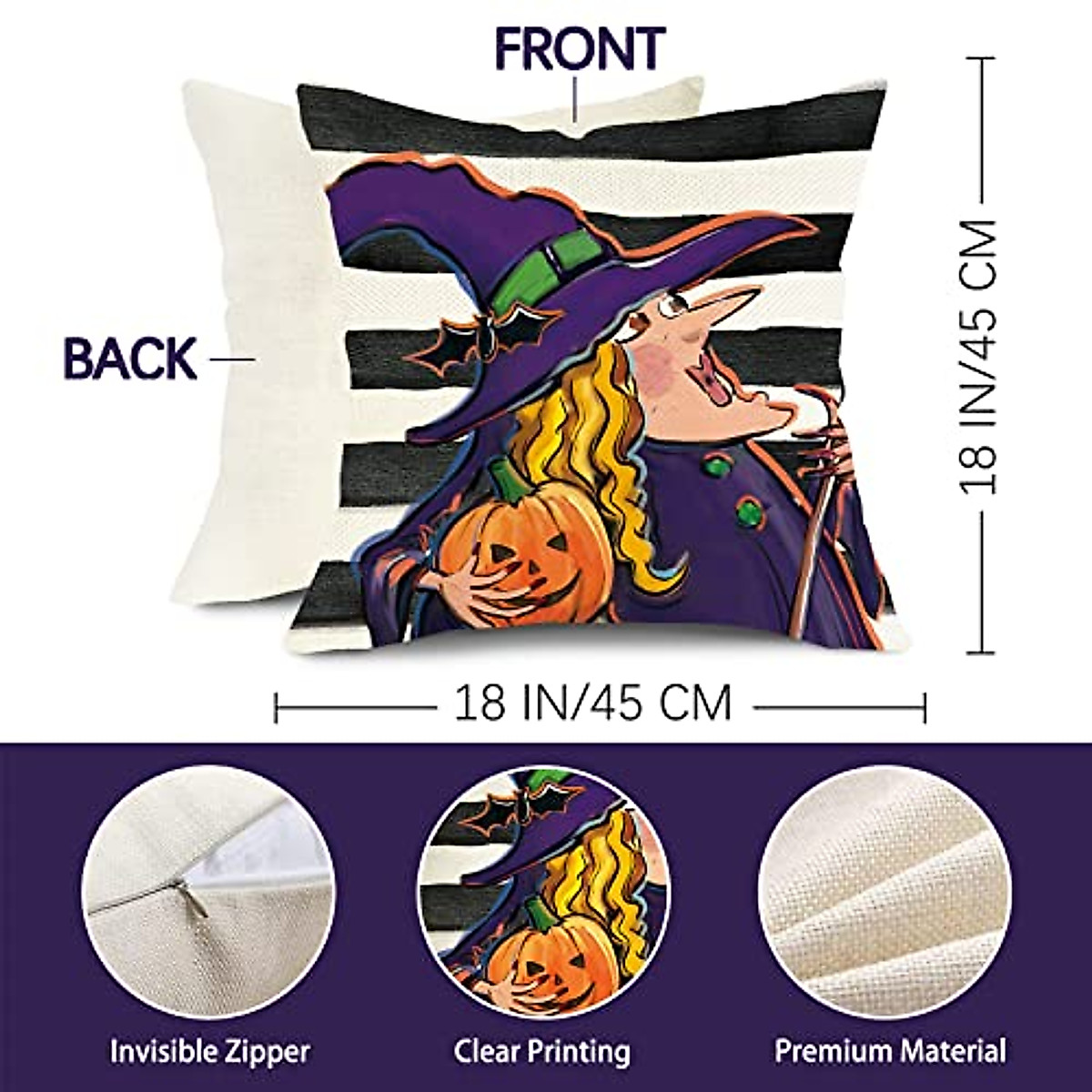Fjfz Happy Halloween Witch Decorative Throw Pillow Covers 18 x 18 Set of 4, Trick or Treat Black Cat Pumpkin Fall Porch Outdoor Home Decor, Purple Polka Dots Stripes Autumn Holiday Couch Cushion Case