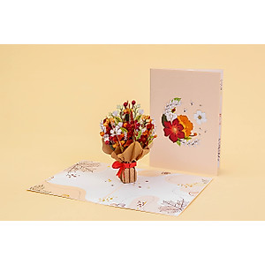 Paper Love Flower Bouquet Pop Up Card, Handmade 3D Popup Greeting Cards, For Fall Season, Birthday, Thanskgiving, Anniversary, Wedding, Get Well, All Occasion or Just Because | 5" x 7" Includes
