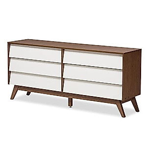 Baxton Studio Hildon Modern 6-Drawer Storage Dresser Mid-Century/Particle Board/MDF with PU Paper/White/Walnut Brown