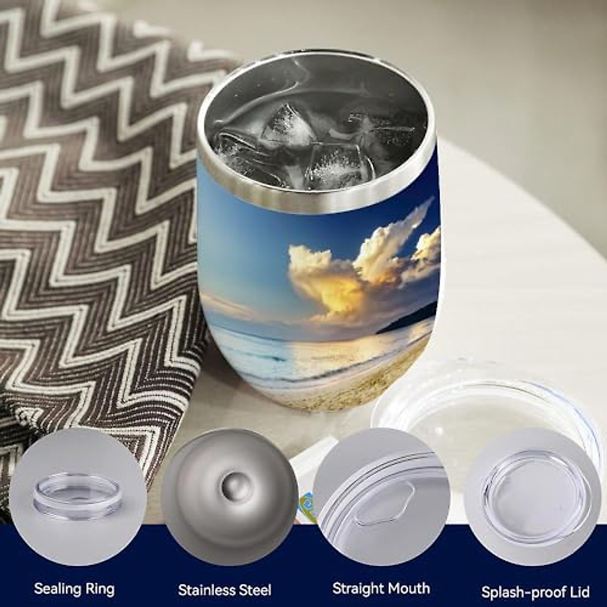 silichee 12 Oz Stainless Steel Wine Tumbler with Lid Sunset Sea Beach Fantastic Sky Clouds Twilight Reflection Thailand Insulated Tumblers Vacuum Coffee Mugs for Hot and Cold Drinks,Coffee,Wine
