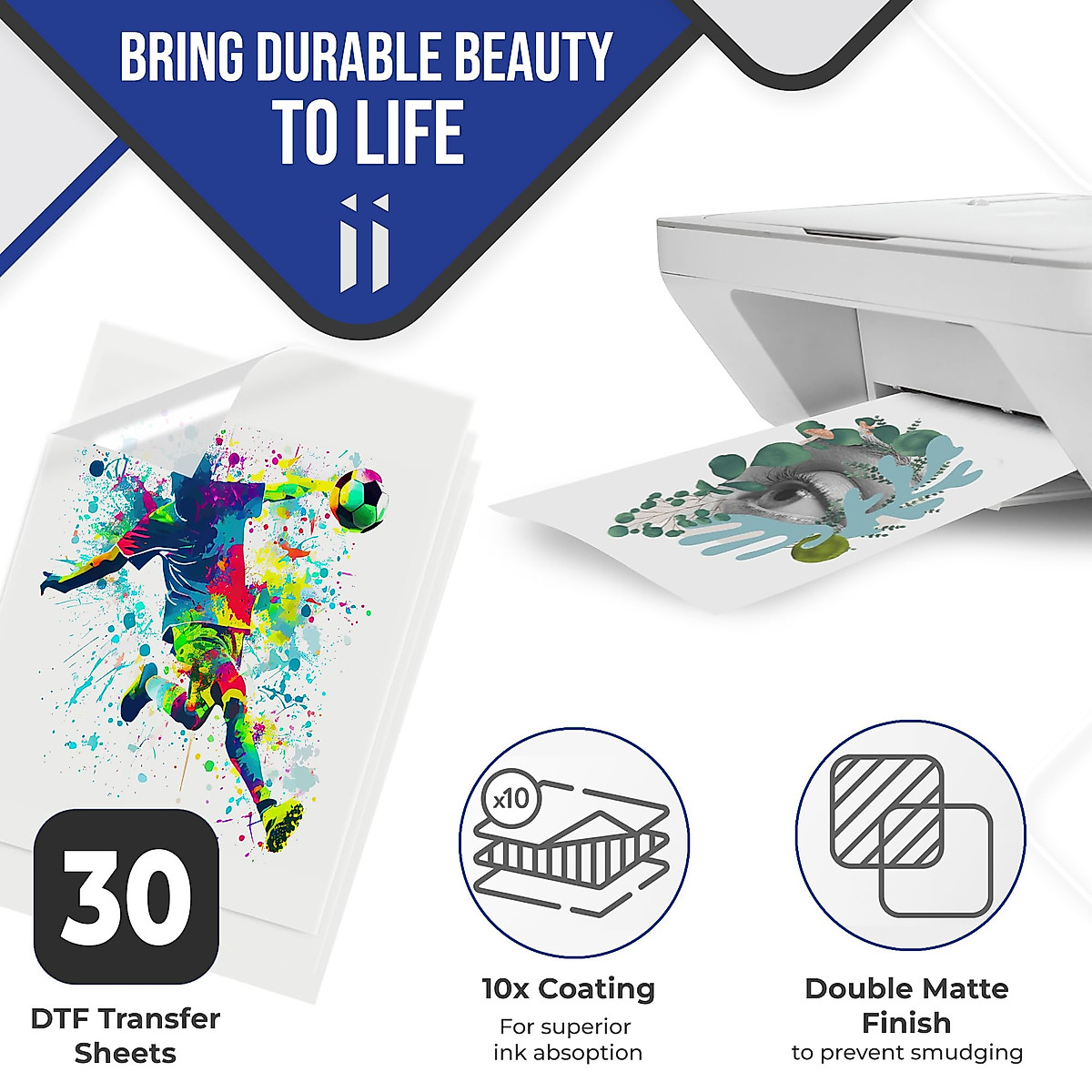 Imago Ink DTF Transfer Film 30 Sheets 8.4 x 11.7 Inches - Double Sided Matte Finish A4 PET Heat Transfer Paper for T Shirts and Clothing - Upgraded Premium Direct to Film for All Fabrics