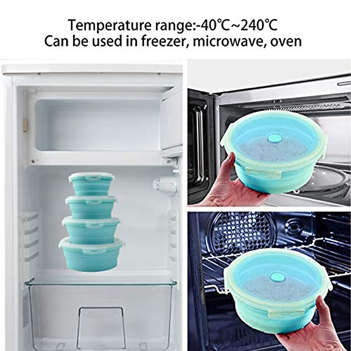 ULEE Silicone Collapsible Food Storage Containers,Set of 4 Round Folding Silicone Lunch Box,Microwave and Freezer Safe (Blue, Round)