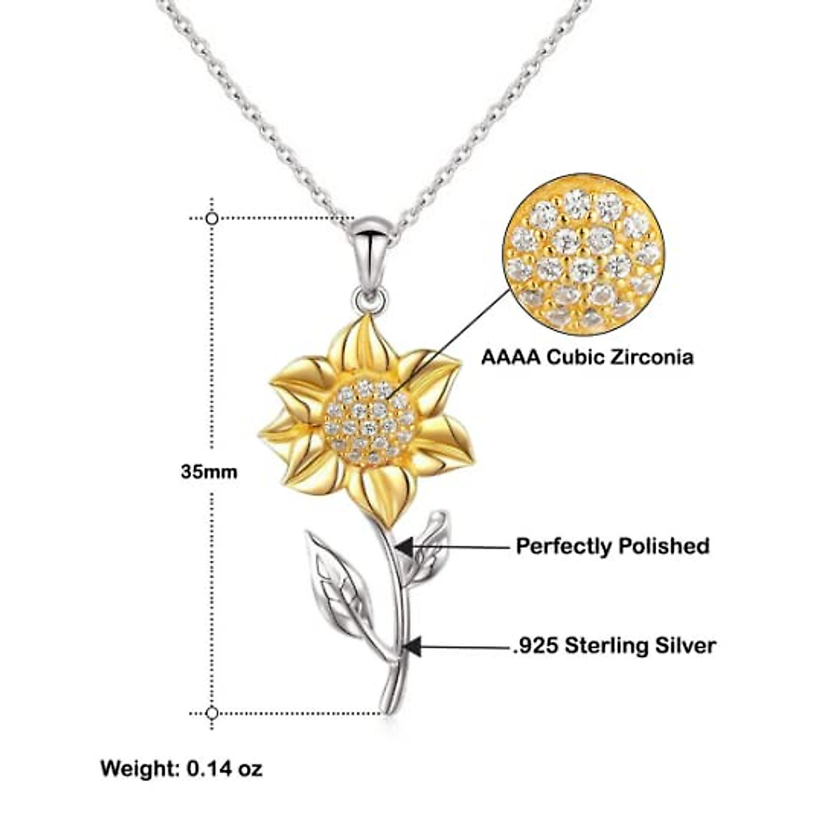 To My Badass Daughter Gift From Mom Sunflower Necklace for Women, 925 Sterling Silver and Real Gold Cubic Zirconia Sunflower Pendant with Sentimental Message Card, From Mom Mommy, White