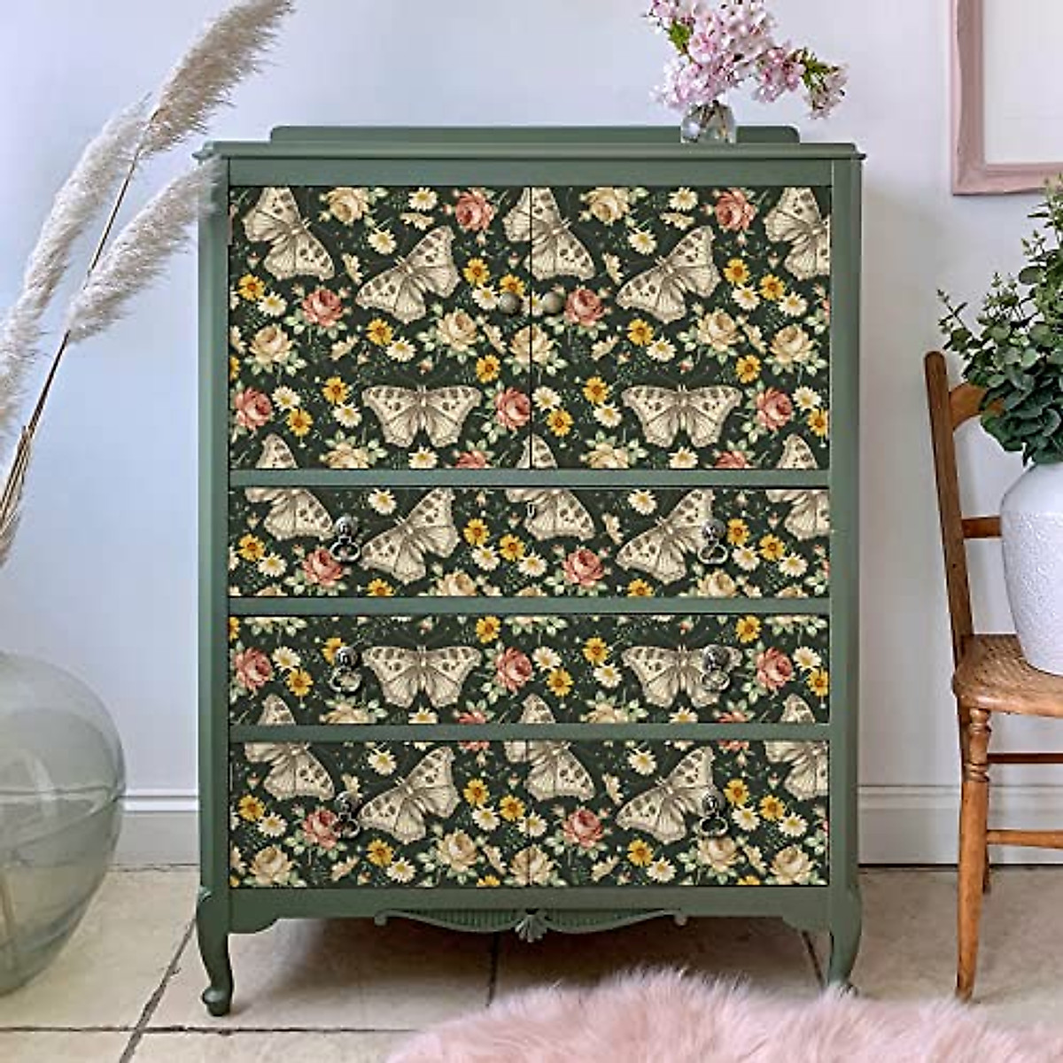 VaryPaper Dark Floral Wallpaper Peel and Stick Vintage Daisy Peony Butterfly Mural 17.7"x78.7" Waterproof Removable Black Contact Paper for Cabinets Drawers Walls