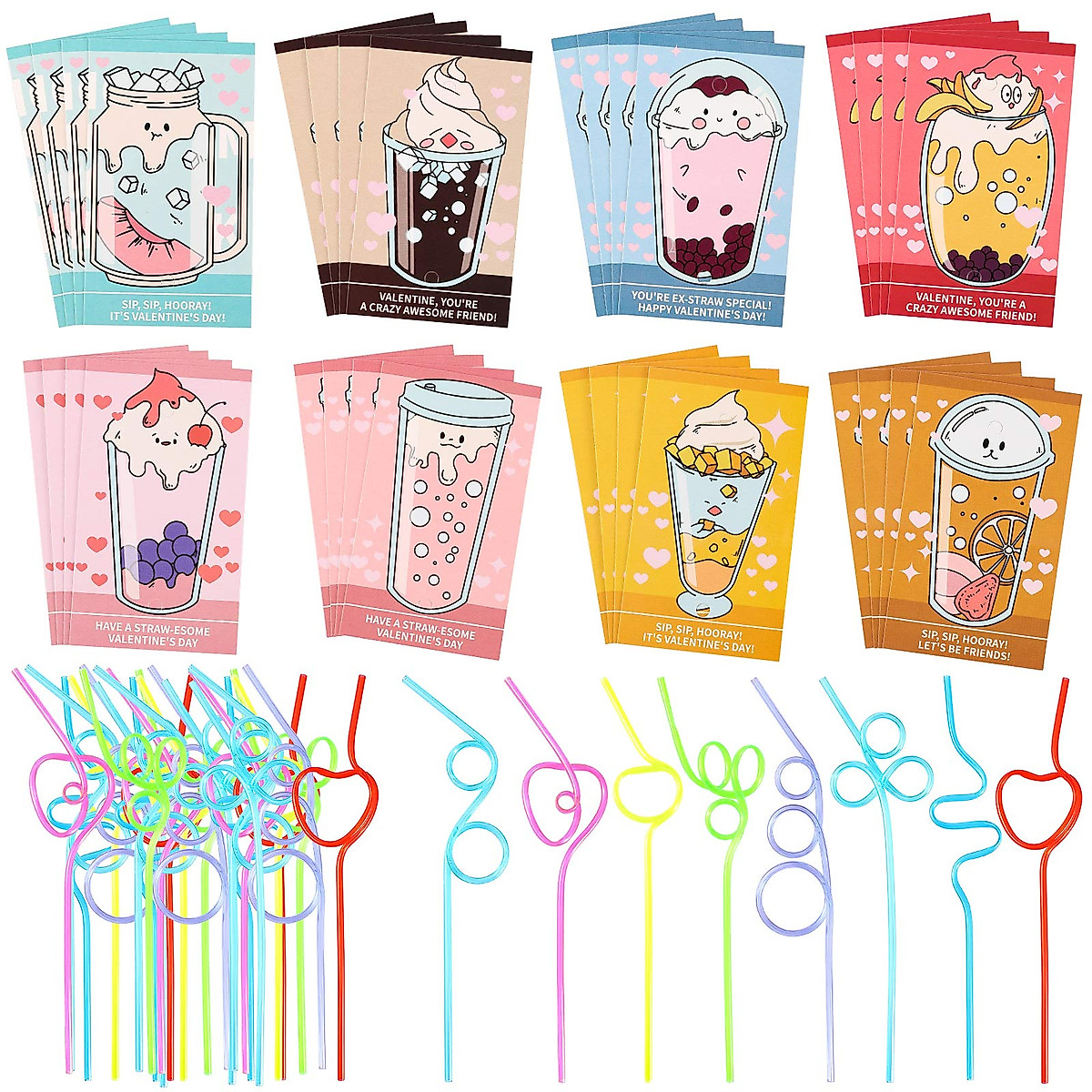 AOJOYS Valentines Day Cards for Kids 32 Pack - 32 Colorful Valentine Gift Cards + 32 Lovely Loops Reusable Drinking Straws for Classroom Exchange Prizes, Valentine Party Favors