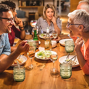 Airsky Set of 6 Olive Green Vintage Drinking Glassware- 12OZ Green Glass Drinking Cups, Thick Farmhouse Drinking Glasses, Embossed Kitchen Glassware for Soda Lemonade Cocktail Wine, Dishwasher Safe