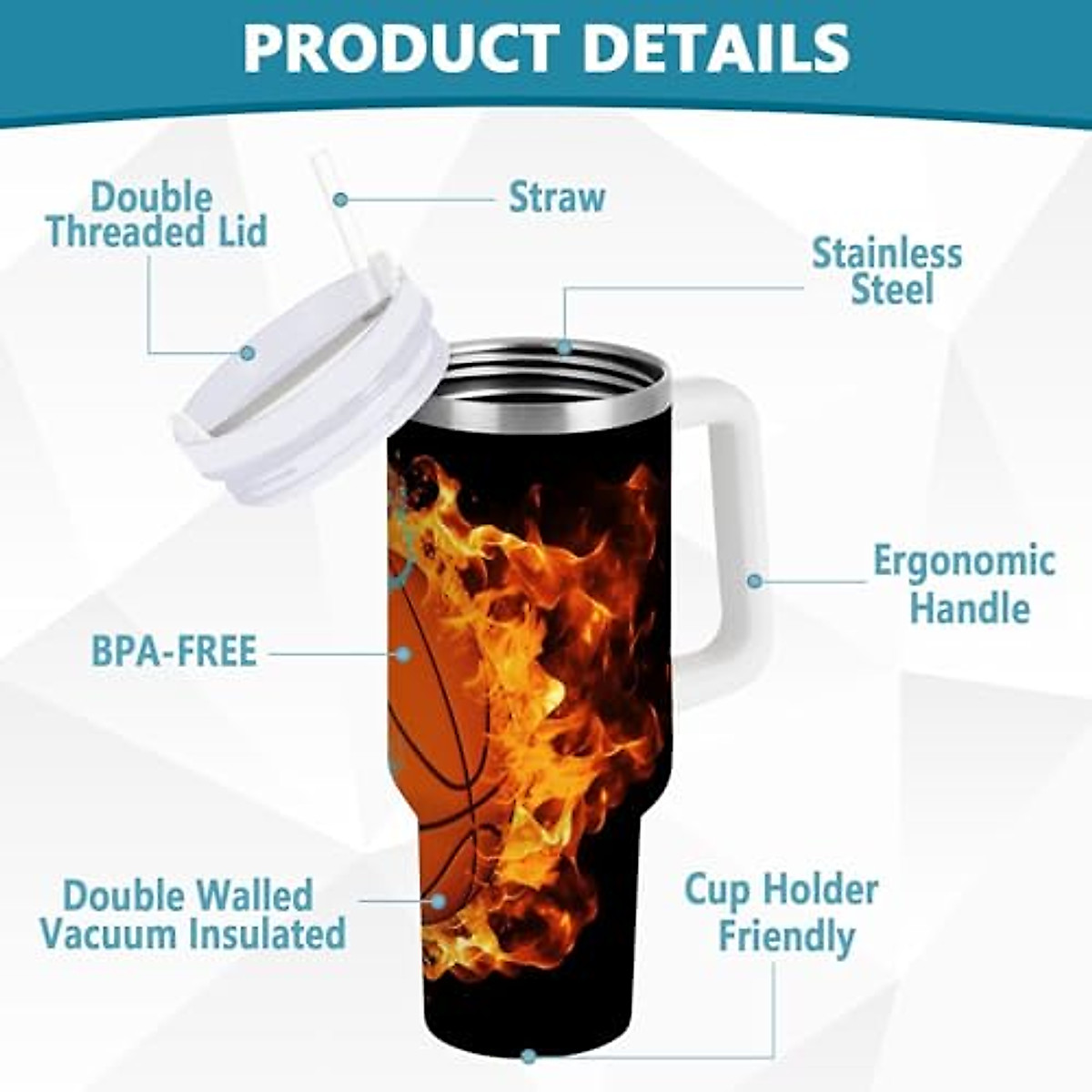 Caikeny Insulated Tumblers with Lid and Straw Basketball Sports 30 oz Reusable Stainless Steel Cup Water Fire Water Bottle Coffee Travel Tumbler Mug for Women Men