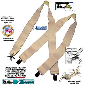 Holdup Traditional Style Tan 2" Under-Ups Suspenders for Men with USA Patented Metal "No-Slip" clips