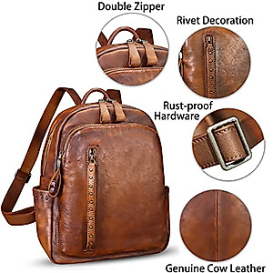 Genuine Leather Backpack Purse for Women Vintage Casual Daypack College Bag Handmade Cowhide Western Rivets Rucksack (Brown)