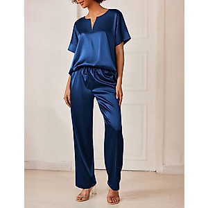 Ekouaer Satin Pajama Set Womens Silk Short Sleeve V Neck Shirt with Long Pant Soft Loungewear Pjs Set Navy Blue