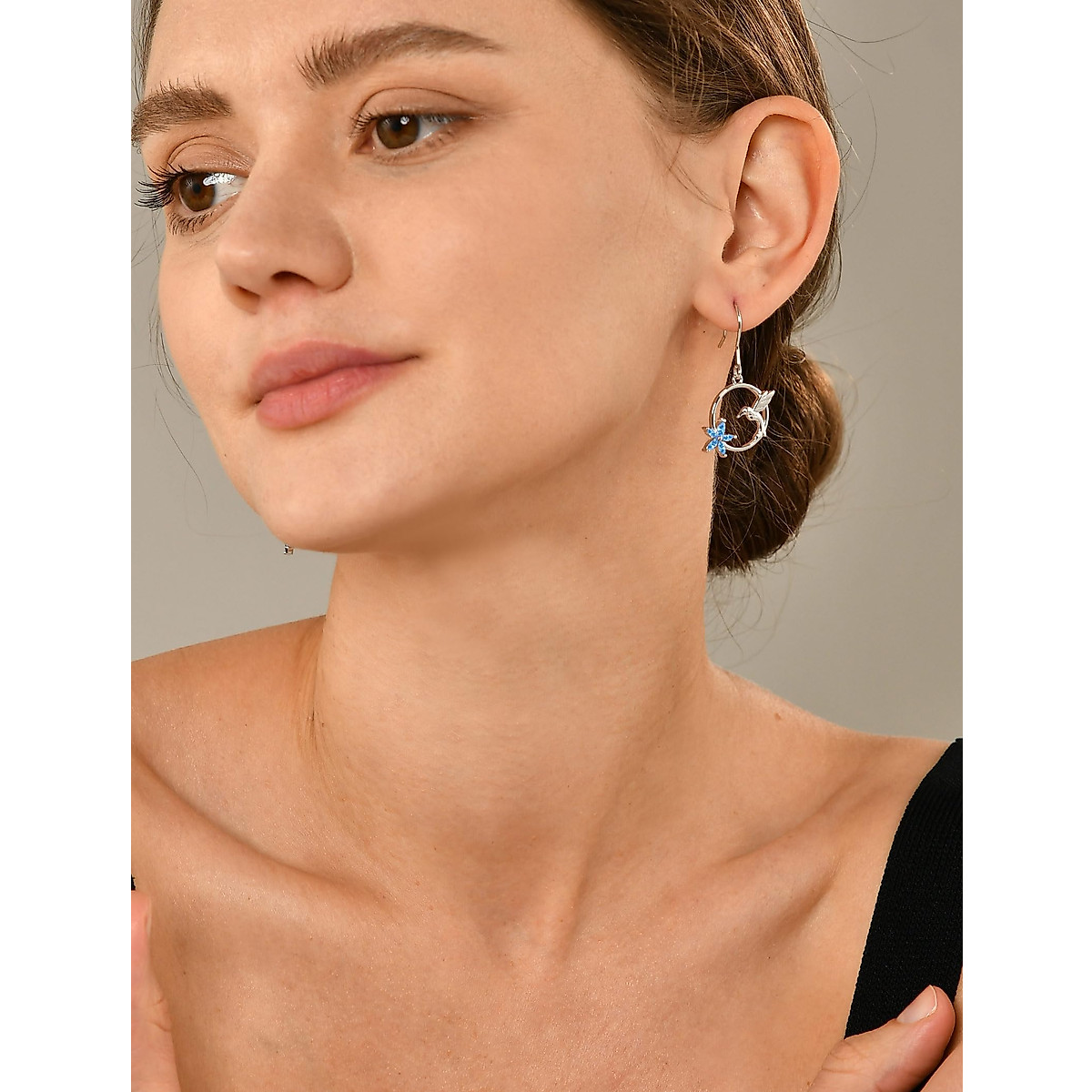 YL Hummingbird Hook Earrings Sterling Silver Flowers Dangle Drop Earrings Created Aquamarine Jewelry Women