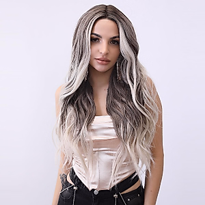 Smilco Synthetic Wigs for Women Ash Brown Wig Long Wavy Curly Wig with Bangs Natural Looking Hair Wigs Synthetic Heat Resistant Fiber Wigs for Daily Party Cosplay (26 Inch)