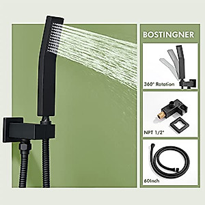 Bostingner Thermostatic Rain Shower System, 12 Inch Matte Black Wall Mount Faucet Set with Body Jets and Valve, All Functions Simultaneous Use