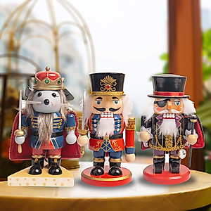 FUNPENY 3 Set Christmas Nutcrackers Figures, 7 Inch Handmade Wooden Mouse King Soldier and Pirate Traditional Nutcracker Decorations for Fall Festive Christmas Desktop Collectible Decor