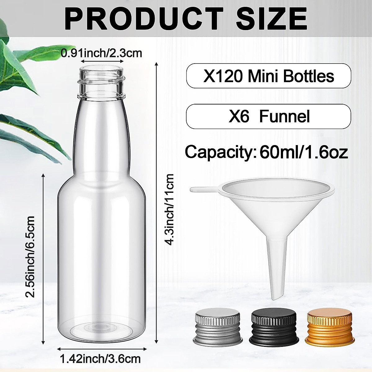 120 Pcs Mini Liquor Bottles, Plastic Spirit Bottle, 2 oz Mini Empty Plastic Alcohol Shot Bottles with Funnels, Airtight Shot Bottles Miniature Bottles for Party Favors, Weddings (Silver, Gold, Black)