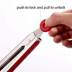 HiramWare Kitchen Tongs Set of 2 – 9 inch & 12 inch – Stainless Steel Food Tongs with Silicone Tips – Premium Locking Non-stick Tongs for Cooking, BBQ, Grilling, Salad - Heavy Duty, BPA Free(Red)