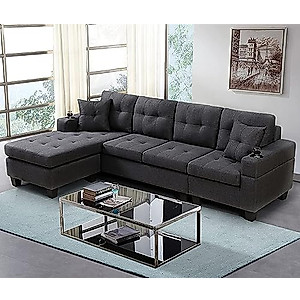 Morhome Convertible Sectional 97.2" L-Shape Sofa 4-Seat Couch with one Lumbar Pad Fabric Upholstered for Living Room, Apartment, Office, Creamy-Beige