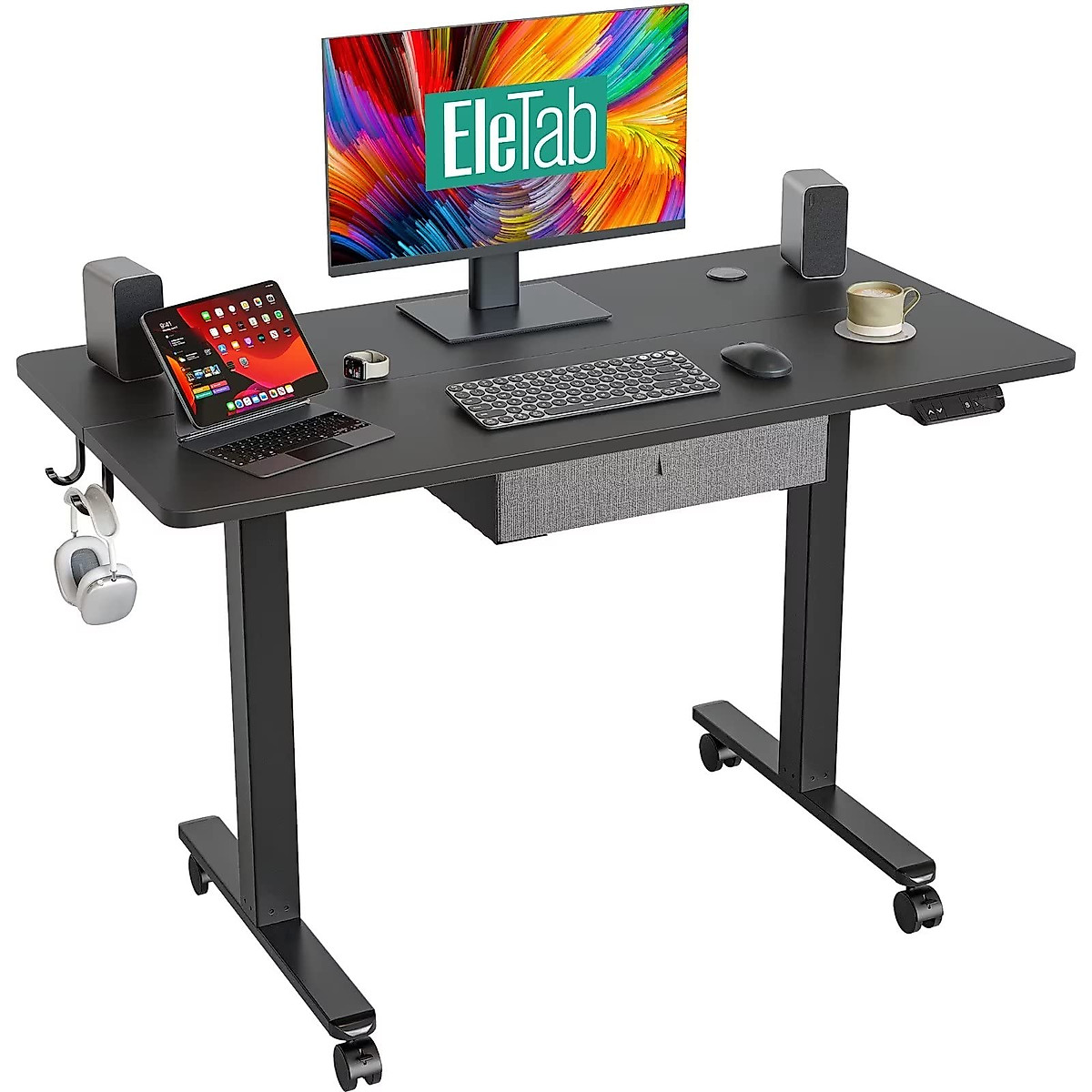 EleTab 48 x 24 Inch Electric Standing Desk with Drawer, Stand up Desk Adjustable Height for Home Office, Sit Stand Computer Desk, Ergonomic Workstation Black Steel Frame/Rustic Brown Tabletop