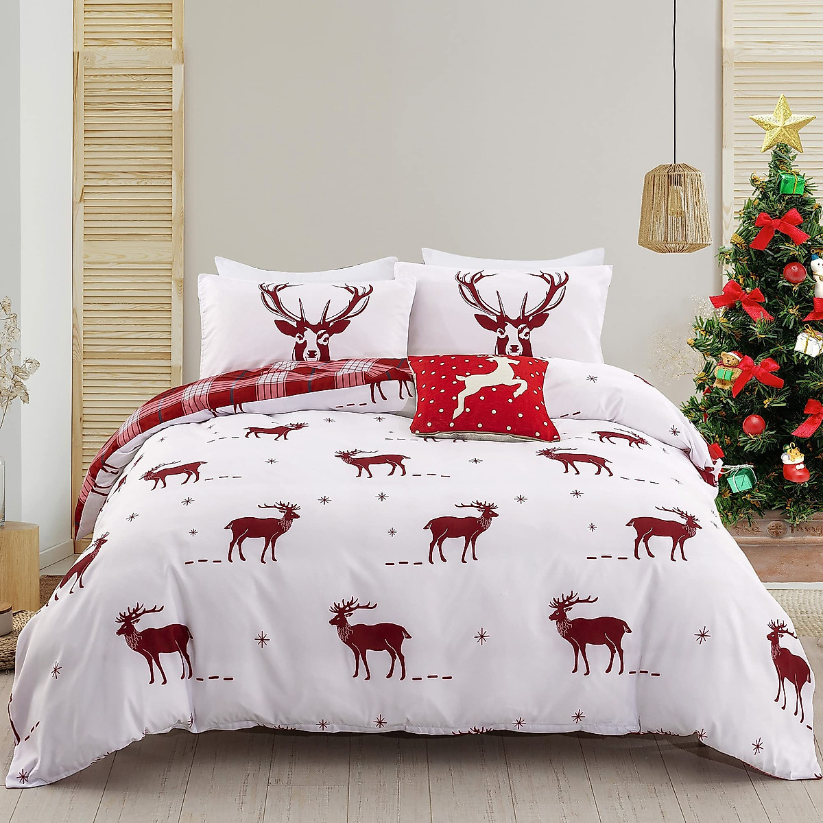 Christmas Duvet Cover Set Queen, 3 Pieces Reversible Red Plaid Reindeer Snowflake Bedding Set with 2 Pillowcases, Soft Microfiber Holiday New Year Bedding Gifts Queen 90”X90”(Not Comforter)