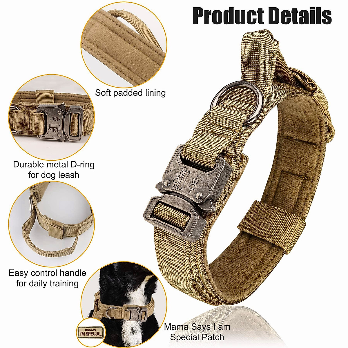 KCUCOP Tactical Dog Collar with Handle,Adjustable Military Dog Collar with Metal Buckle and Patches,Heavy Duty Dog Collars for Medium and Large Dogs (Brown-L)
