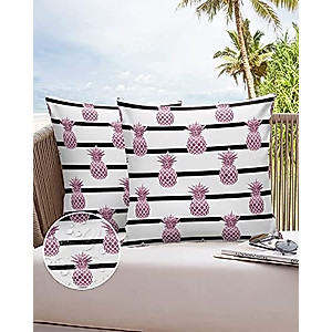 Outdoor Waterproof Throw Pillow Covers Pink Pineapple Lumbar Pillowcases Black Stripe Decorative Outdoor Pillows Cushion Case Patio Pillows for Sofa Couch Bed Garden 18 x 18 Inches