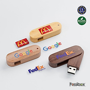 Possibox Custom Swivel Wooden USB 2.0 Flash Drive 16GB Imprinted or Engraved with Your Logo - Bulk Wholesale Promotional - 100 Pack