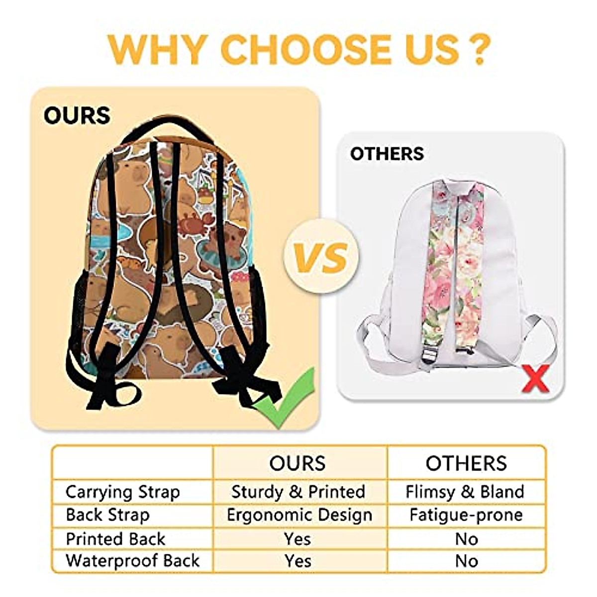 PAKKITOP Capybara Backpack for Girls Boys, 16" Cute Backpack for School, Brown Print Lightweight Bookbag for Students, Gifts for Capybara Lovers