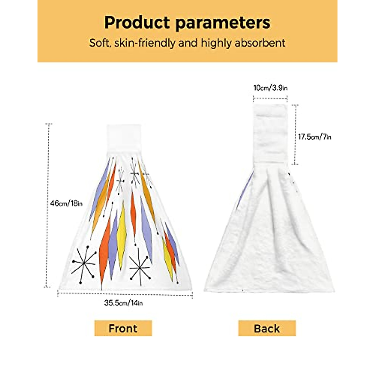 Orange Yellow Purple Kitchen Hand Towel, Soft Hanging Dish Towels with Loop for Bathroom, Absorbent Drying Cleaning Cloth Dishclothes Decorative Sets, Middle Century Modern Geometric Diamond 1-PC