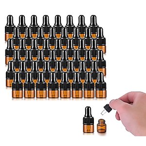USRommaner 50 Pack,1ml Amber Glass Dropper Vial for Essential Oils,Empty Glass Eye Dropper Bottle With Black Screw Cap,Glass Liquid Pipette Travel Test Sample Perfume Vial-Transfer Pipette Included