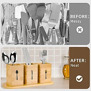 GEHE 3Pcs Silverware Caddy, Natural Bamboo Silverware Holder for Countertop, Utensil Caddy for Parties Silverware Organizer