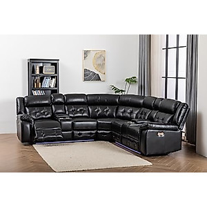 Kingway Power Recliner Chair Sectional Couches with LED Light for Living Room, Electric Faux Leather Reclining Sectional Couch Sets with Storage Console for Home, Black