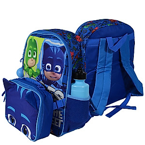 PJ Masks Girls & Boys Toddler 4 Piece Backpack Set for Kindergarten; Catboy, Gekko,& Owlette Travel School Bag w/Front Zip Pocket, Insulated Lunch Box, H2O Bottle, & Squish Ball Dangle