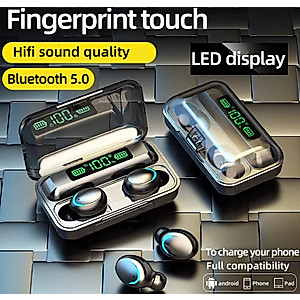 BAHASYA Wireless Bluetooth Earbuds with Digital Charging Case, Built-in Mic, Noise Cancelling, Waterproof, Deep Bass Earphones, in Ear Stereo Headphones for Sport, Gym, Gaming (Black)