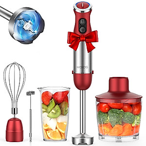 KOIOS 800W 4-in-1 Multifunctional Hand Immersion Blender, 12 Speed 304 Stainless Steel Stick Blender, Titanium Plated, 600ml Mixing Beaker, 500ml Food Processor, Whisk Attachment, BPA-Free, Red