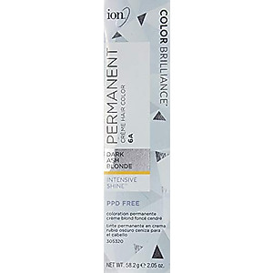 ion Permanent Creme Hair Color 6A Dark Ash Blonde, Vegan, Cruelty Free, PPD Free, 100% Gray Coverage, Long-Lasting, Fade-Resistant Color, 2.05 oz