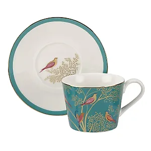 Portmeirion Sara Miller London Chelsea Teacup and Saucer, Green | 8 Oz Cup for Drinking Tea and Coffee | Made from Fine China with Gold Detail | Handwash Only
