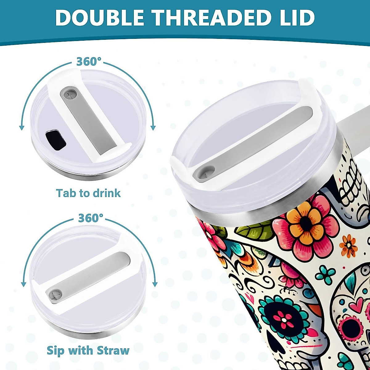 ALAZA Sugar Skull Day Of Dead Flower 40 oz Tumbler Stainless Steel Water Bottle Vacuum Insulated Cup with Straw Lid & Handle For Travel Car Cup Holder