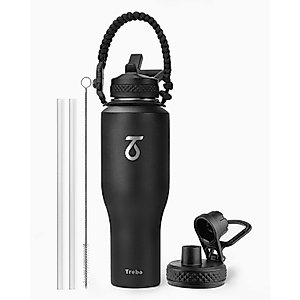 Trebo 40oz Insulated Water Bottle that Fits in Cup Holder, Stainless Steel Bottles Tumbler Double Wall Metal with Straw Spout Lids,Travel Flask with Paracord Handle, Sweat Proof Keep Cold &Hot,Black