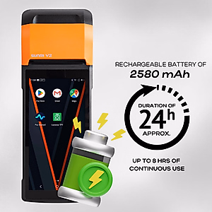 Multzo POS PDA Receipt Printer 58mm High Speed Thermal Printer with Android 12, 5.45’’ Touch Screen. Handheld Mobil SUNMI Point of Sale Tablet. Scan 1D/2D barcodes. (Black + Orange)