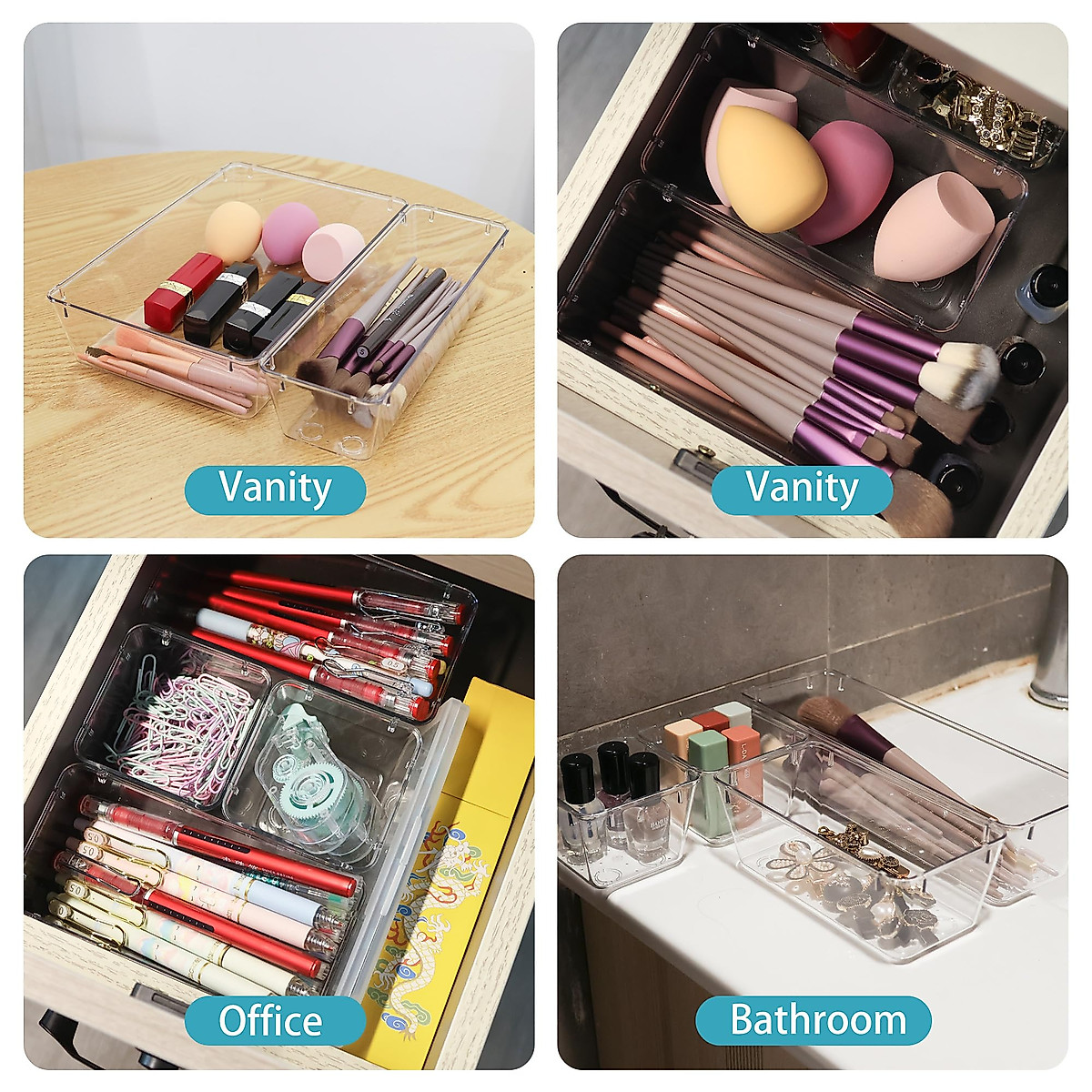 ATVAX 15 PCS Drawer Organizers with Non-Slip Silicone Pads Clear Plastic Drawer Organizers Set Clear Desk Drawer Organizer Trays Storage Bins