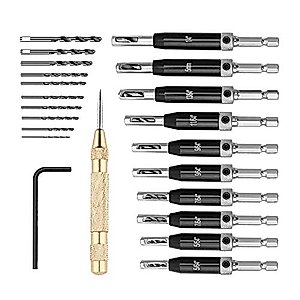 22Pcs Center Drill Bit Set,Self Centering Hinge Tapper Core Hole Puncher 5/64'' 7/64'' 9/64'' 11/64'' 13/64'' 5mm 1/4'' & 1 Pcs Hex Key & 10 Pcs Replacement Drill Bits +1 Center Punch