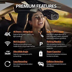 Rexing V1PGW-4K 2.4" LCD 2160p Front + 1080p Rear W/Built-in GPS, Wi-Fi 170° Wide Angle Dual Channel Dashboard Camera Recorder Car Dash Cam with Rear Cam,G-Sensor,WDR,Loop Recording,Mobile App (2022)