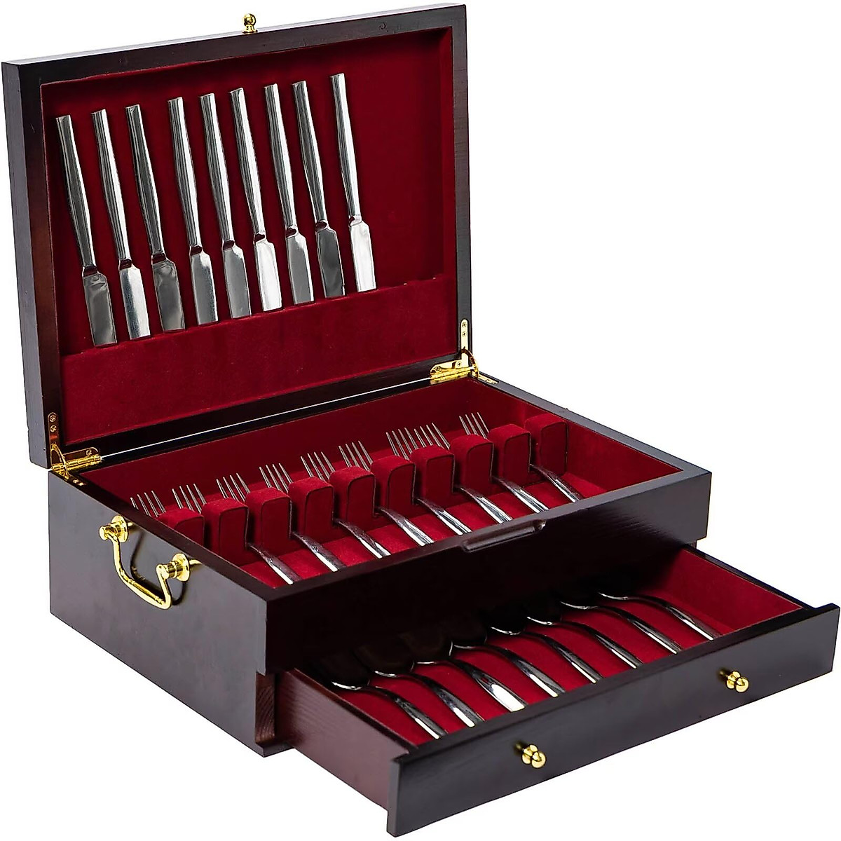 GENRICE Wooden Silverware Chest without Silverware Double-layer, Silverware Box Storage for Silver, Silverware Case with Handle and Felt Lined, Flatware Chest for 12 or 16 or more sets of Utensils