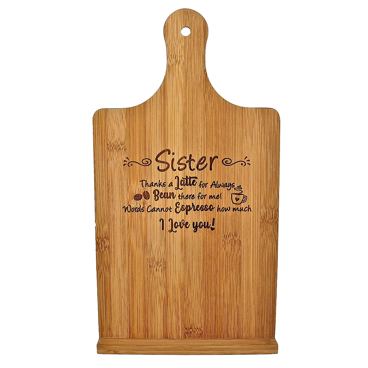 Sister Gift - Recipe Cookbook Holder Stand Custom Engraved Bamboo Cutting Board Foldable Chef Easel Metal Hinges Kickstand iPad Tablet Compatible Christmas Birthday Kitchen Decor Design (7.25x13.5)