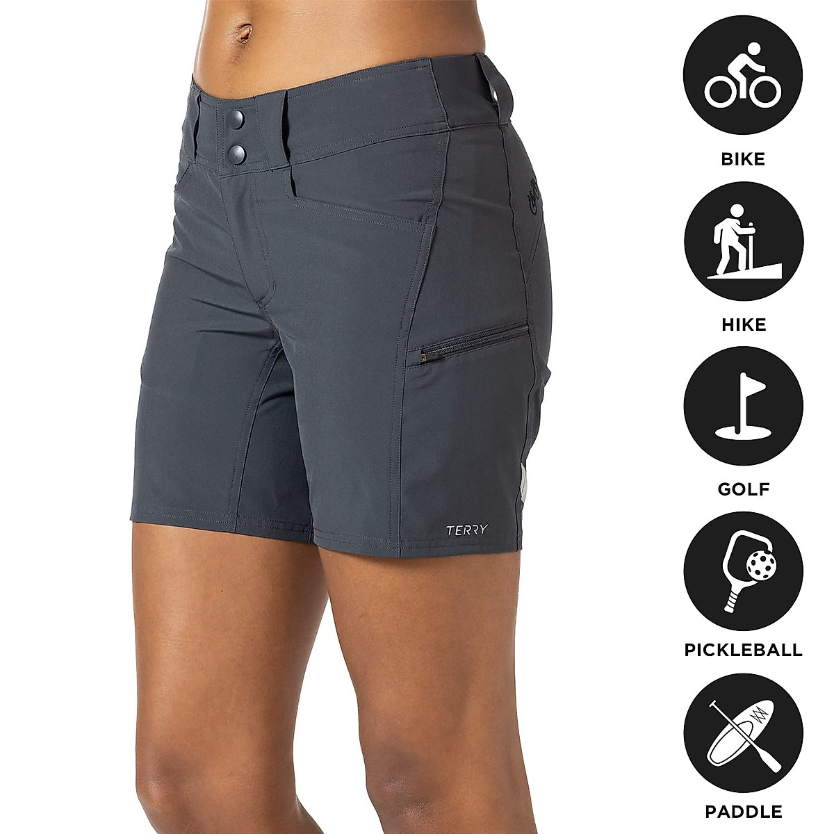 Terry Bike Shorts Women, Metro 7 Inch Inseam MTB Urban Hiking Cycling Bottom, 2 Piece Set W/Unattached Padded Liner - Ebony, X Large