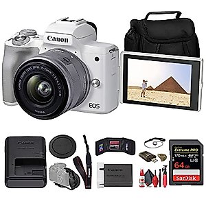 Canon EOS M50 Mark II Mirrorless Camera with 15-45mm Lens (White) (4729C004) + 64GB Memory Card + Card Reader + Case + Flex Tripod + Hand Strap + Memory Wallet + Cap Keeper + Cleaning Kit (Renewed)
