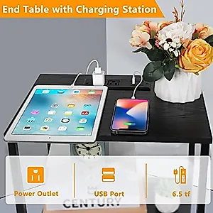 Vrisa Nightstand with Charging Station Black Bedside Table Fabric Drawers End Table with Open Shelf Night Stand with USB Port and AC Outlet for Bedroom