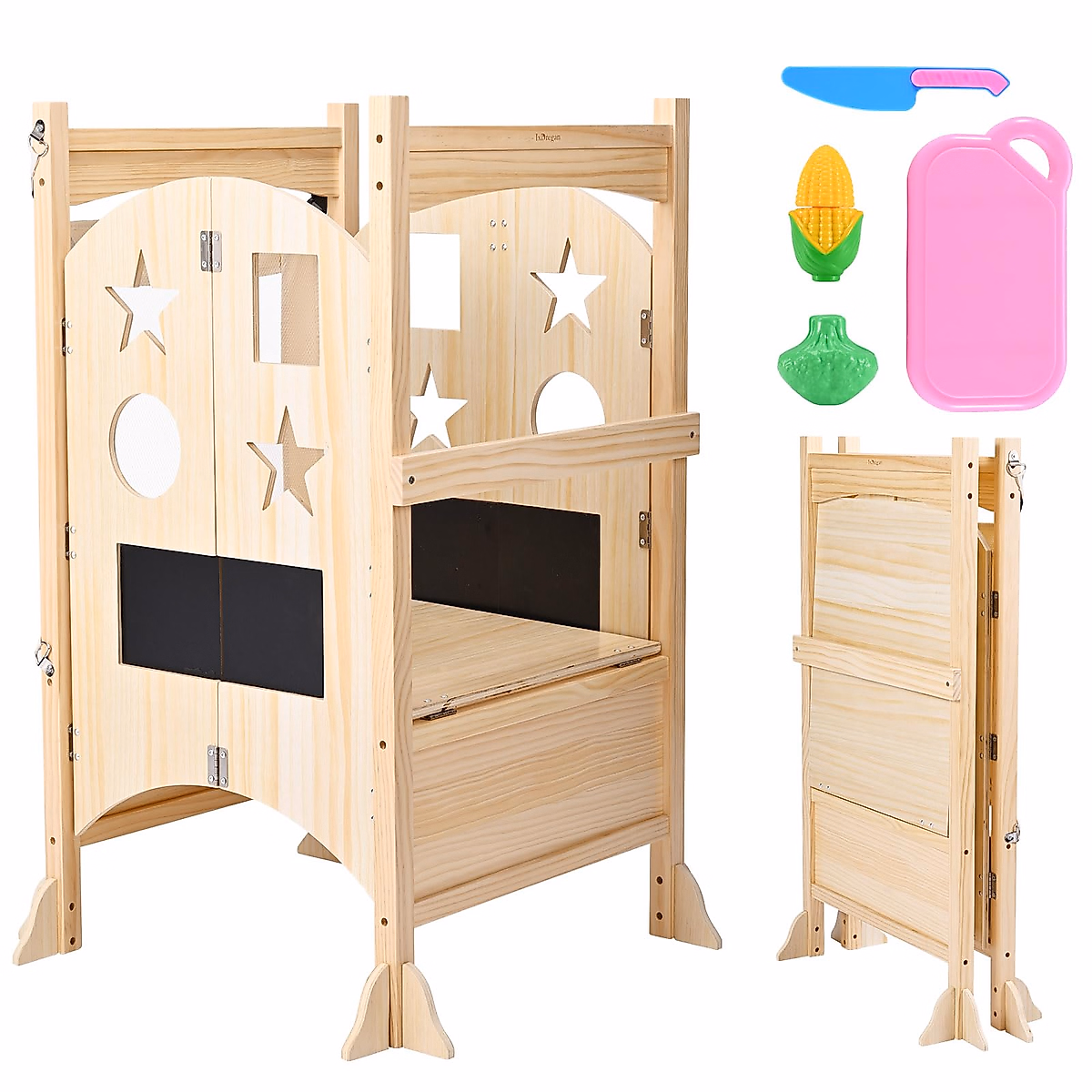 Ixdregan Toddler Kitchen Step Stool for Toddlers - Toddler Stool with Cute Cartoon Design, 3 Height Adjustable Toddler Stool for Kids 18M+, Safe Toddler Stepping Stool Supports 130LB-Natural Wood