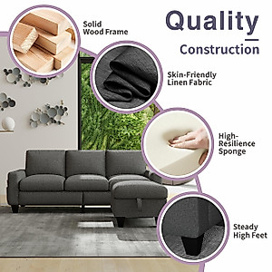 Sectional Sofa L-Shaped Couch, Couches for Living Room with Reversible Storage Chaise & Side Storage Pockets, 3-Seat Linen Modular Sofa for Living Room/Apartment/Dorm/Office/Small Space (Dark Gray)